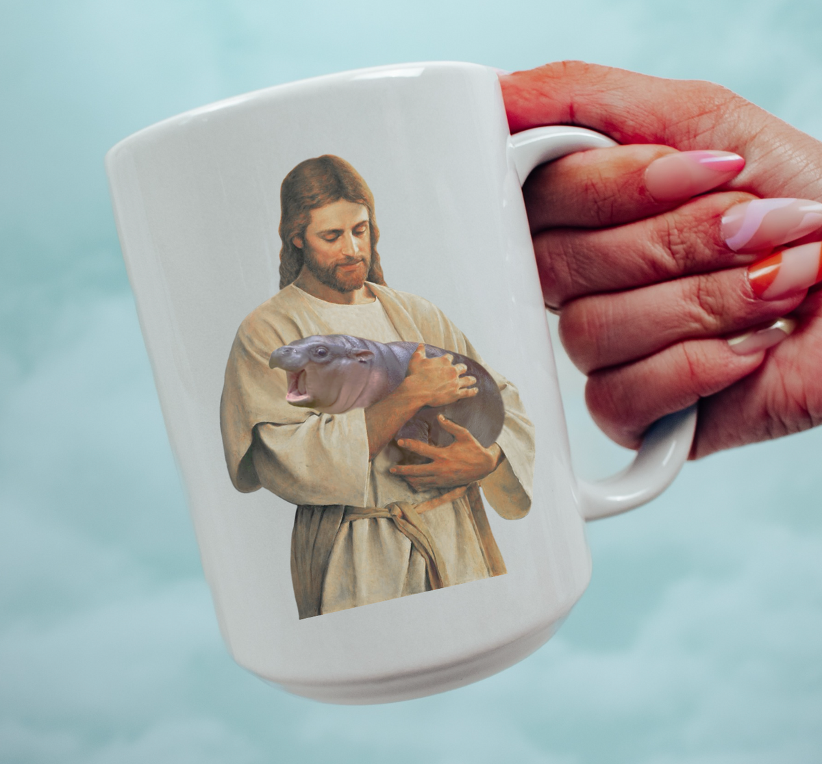 Jesus Holding Moo Deng 15 oz Mug – Hilarious Humanitarian